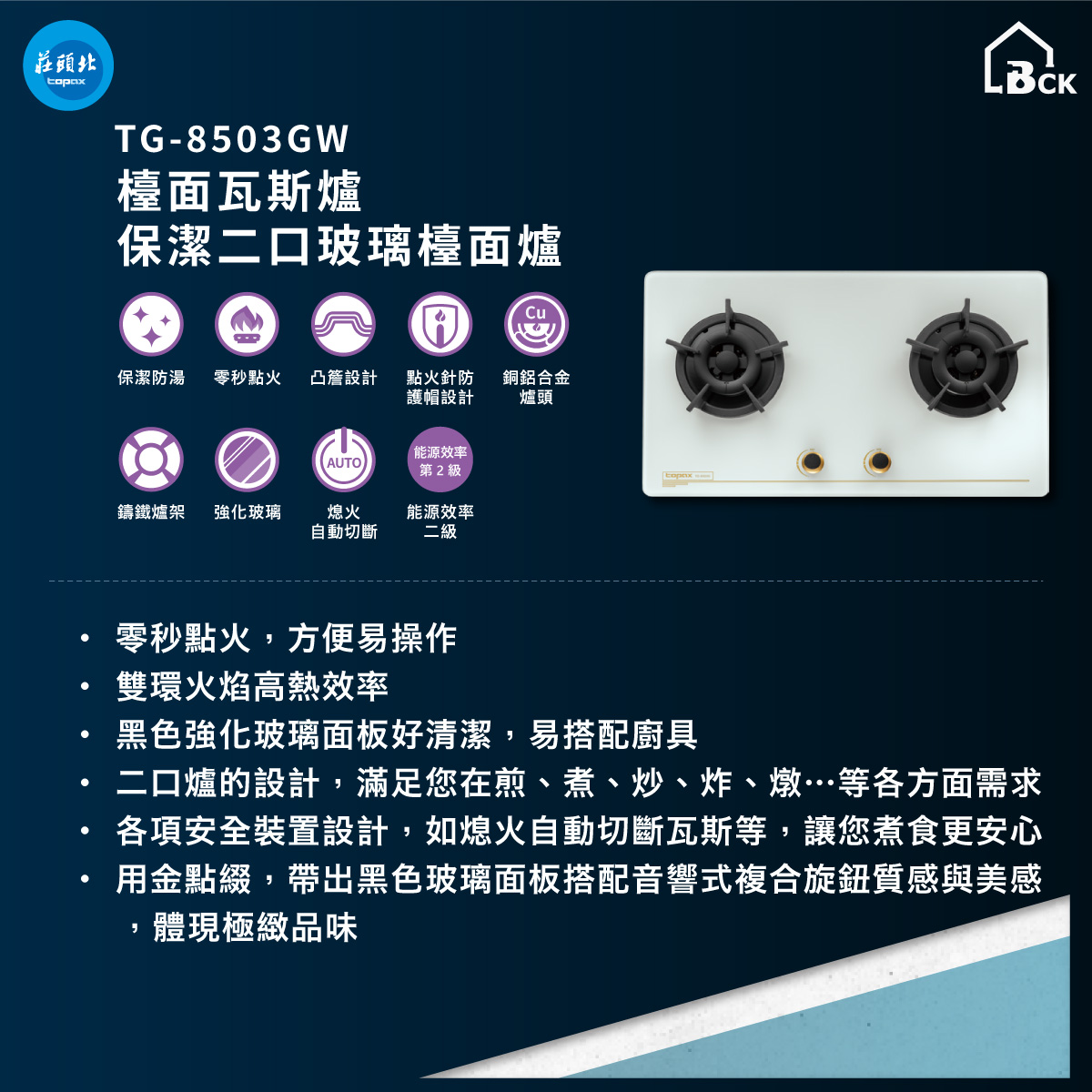 莊頭北 TG8503GW 保潔二口玻璃檯面爐 TG-8503GW - 省錢王 廚具淨水科技生活館