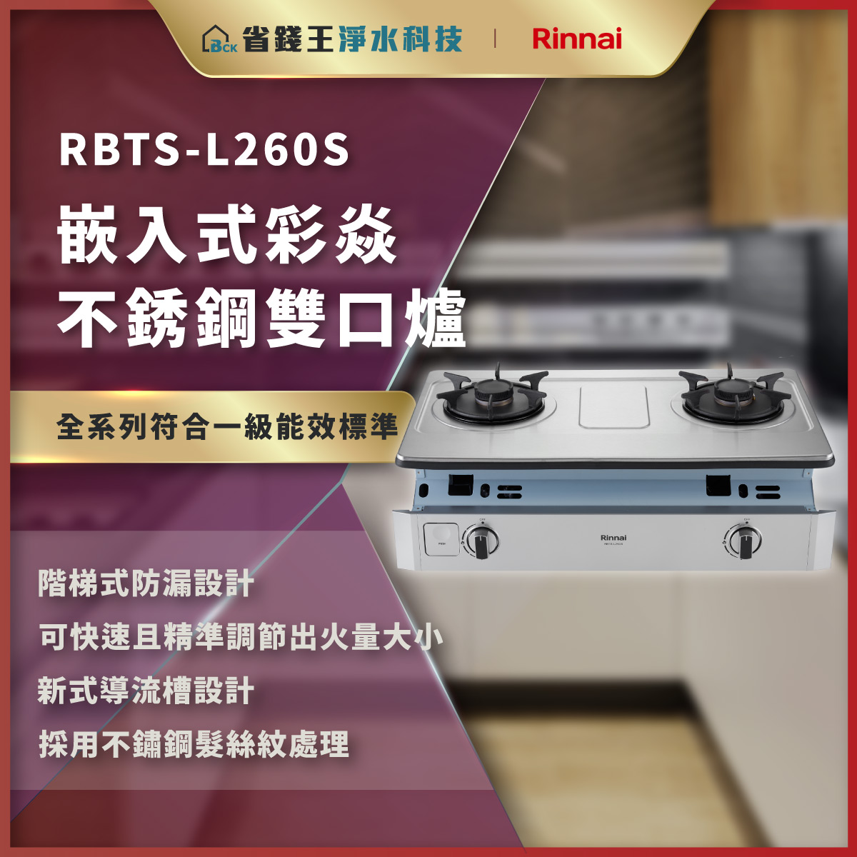 【詢問享VIP超低折數優惠】林內 Rinnai RBTS-L260S 嵌入式彩焱不銹鋼雙口爐 RBTSL260S L260S - 省錢王 淨水廚具科技驗屋-歡迎比價不吃虧